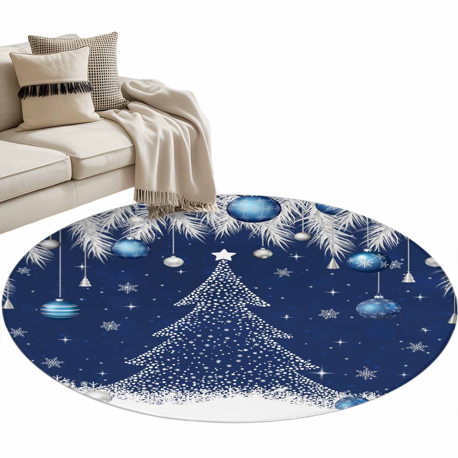 Christmas Tree Navy Ball Round Area Rug 3.3ft White Pine Branch Winter ...