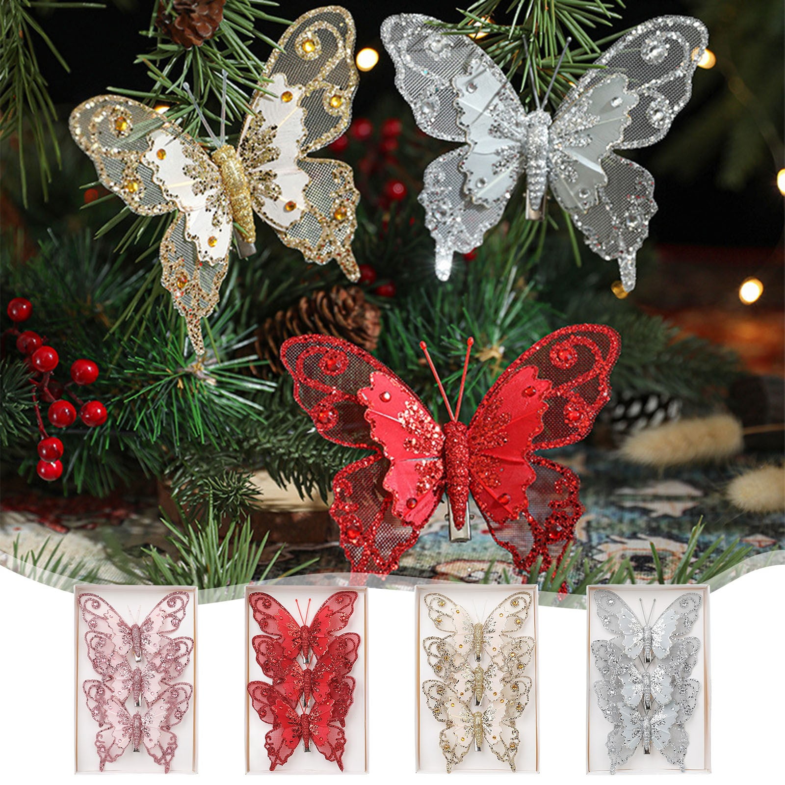 Christmas Tree Ornaments, 3-piece Glitter Butterfly Decorations ...