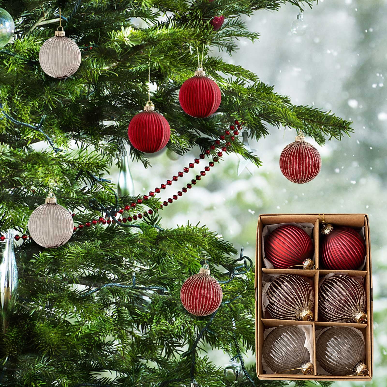 Christmas Tree Ornaments - 6-Piece 60mm/2.36" Ribbed Glass Baubles in ...