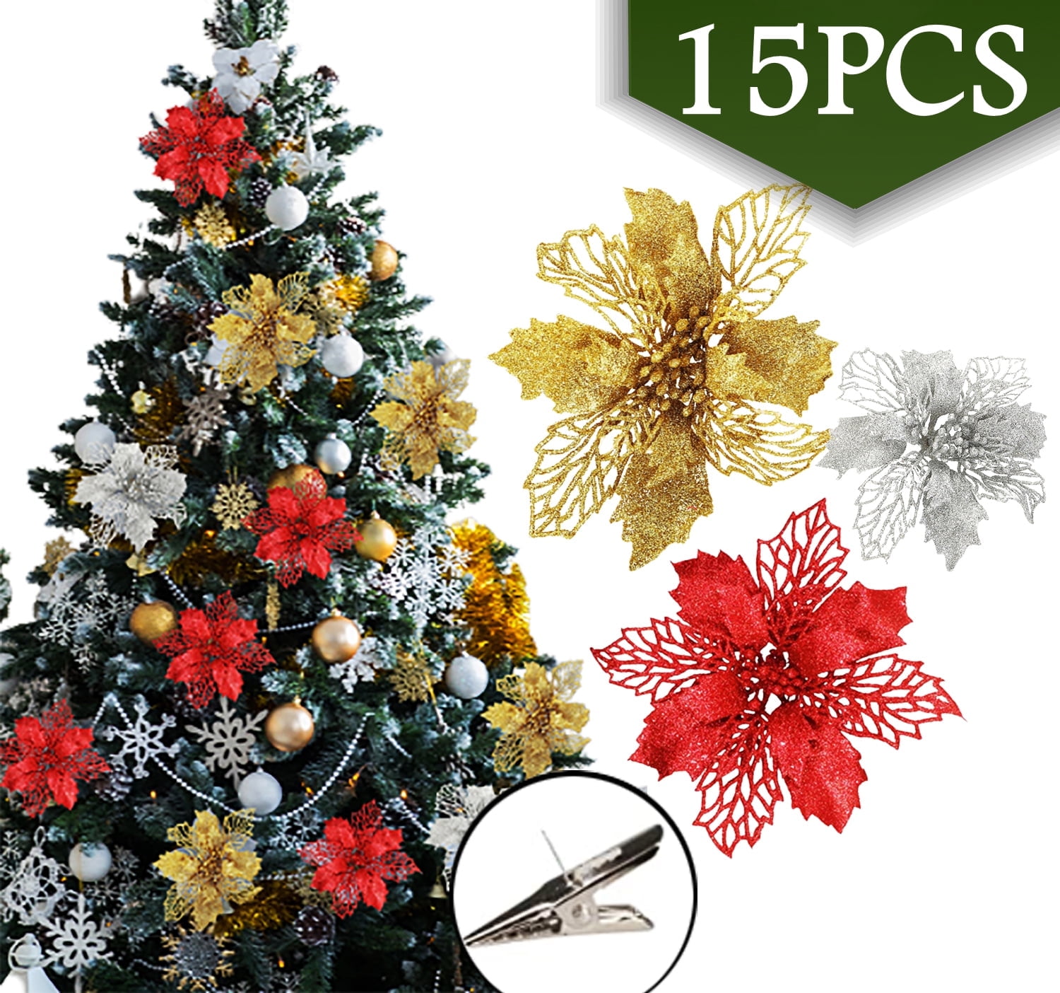 Christmas Tree Ornaments Decorations Flower Picks Artificial Poinsettia ...