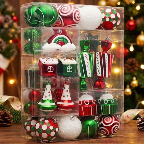 Christmas Tree Ornaments Set, 100ct Candy Cane Red Green Shatterproof ...