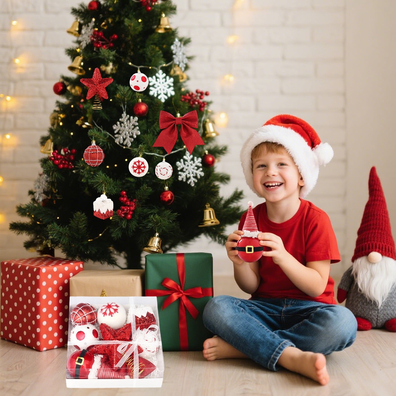 Christmas Tree Ornaments Set | 18-Piece Red Frosted Sequin Ball Star ...