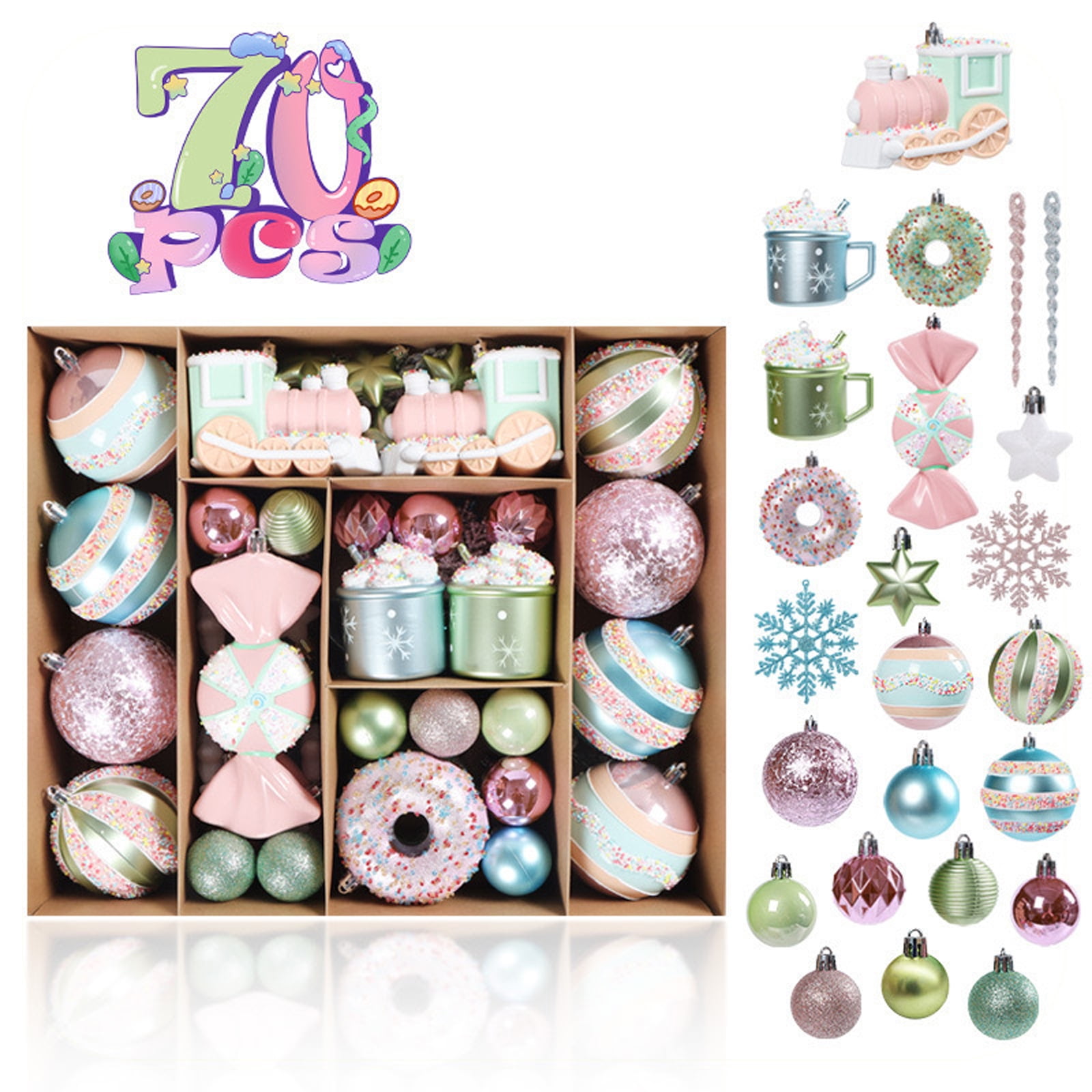 Christmas Tree Ornaments Set 70PCS Shatterproof Baubles Assorted Shapes ...