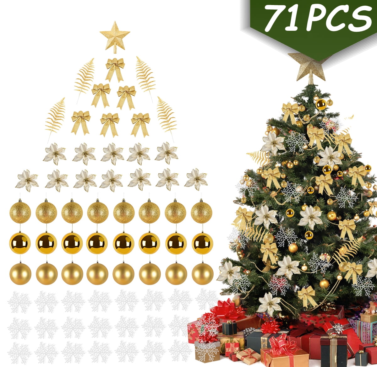 Christmas Tree Ornaments Set with Glitter Poinsettia, Sparkly Bows ...