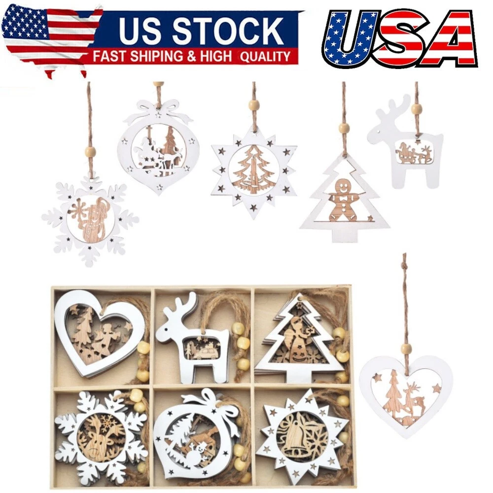 Christmas Tree Ornaments Set Of 24 Wooden Craved Hanging Craft ...