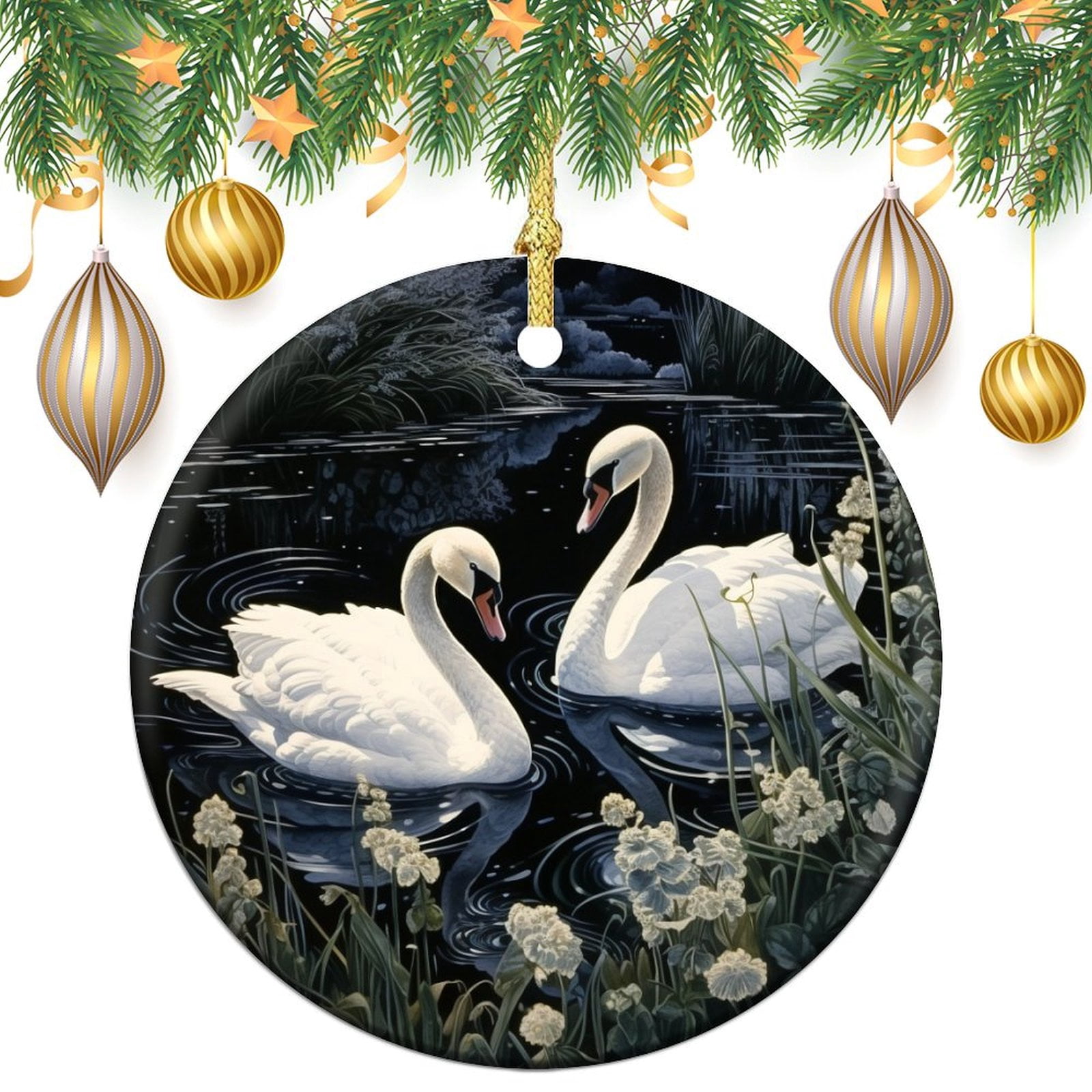 Christmas Tree Ornaments Two Swans Swimming Near A Bush 2024 Christmas ...