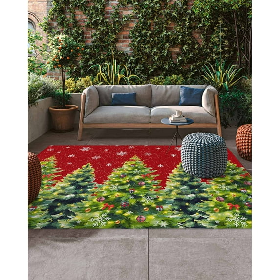 Christmas Tree Outdoor Rug, Winter Xmas Snowflake Color Ball Bow Red ...