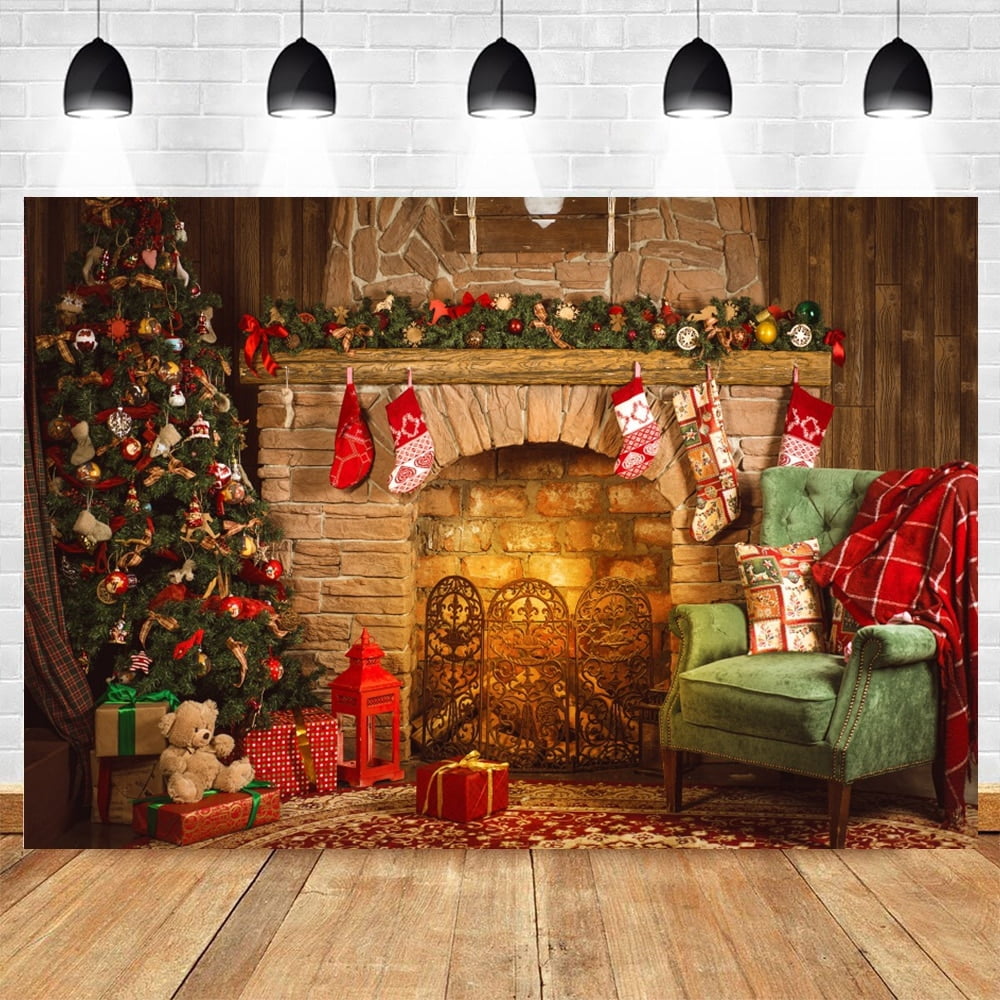 Christmas Tree Party Backdrop Fireplace Window Winter Sock Gifts Family ...