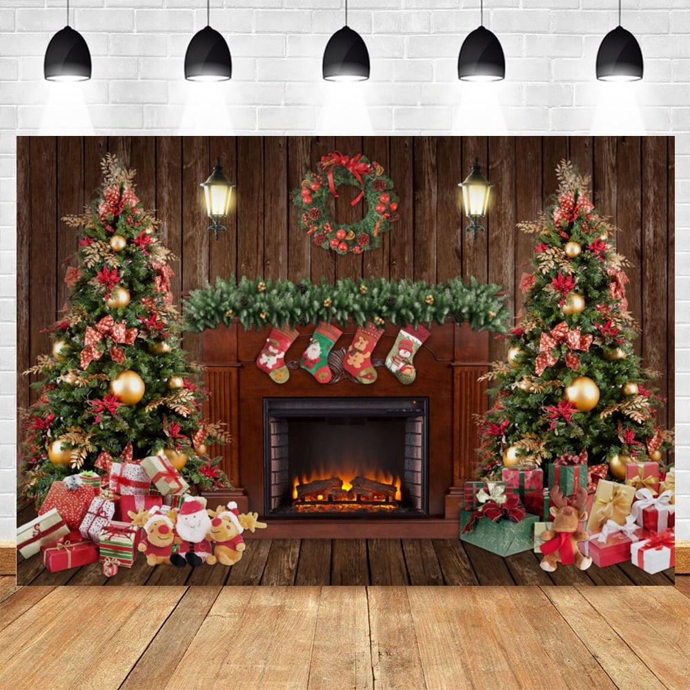 Christmas Tree Party Backdrop Fireplace Window Winter Sock Gifts Family ...