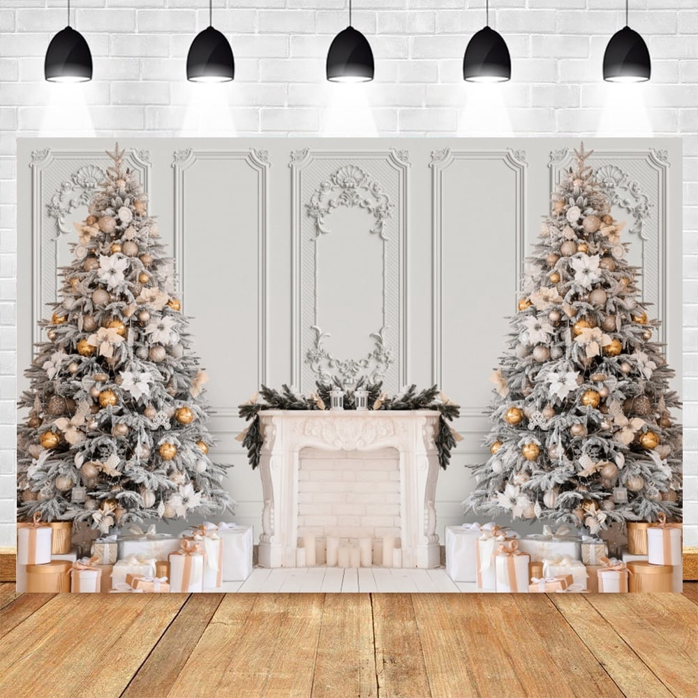 Christmas Tree Party Backdrop Fireplace Window Winter Sock Gifts Family ...