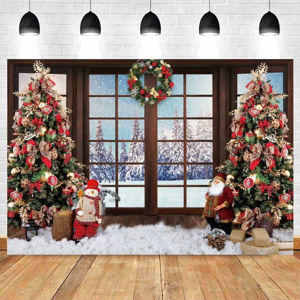 Christmas Tree Party Backdrop Fireplace Window Winter Sock Gifts Family ...