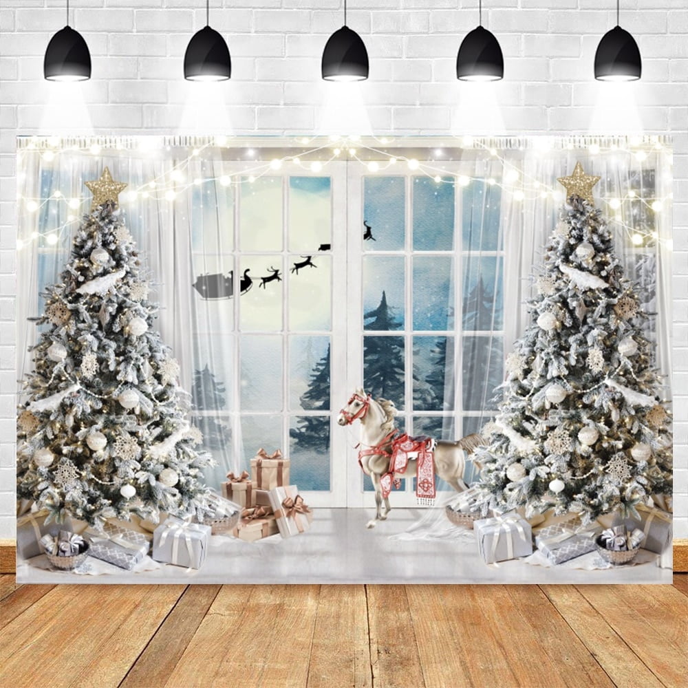 Christmas Tree Party Backdrop Fireplace Window Winter Sock Gifts Family ...