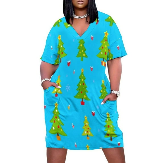 Christmas Tree Pattern Blue Background Loose Pocket Dress Dresses ...