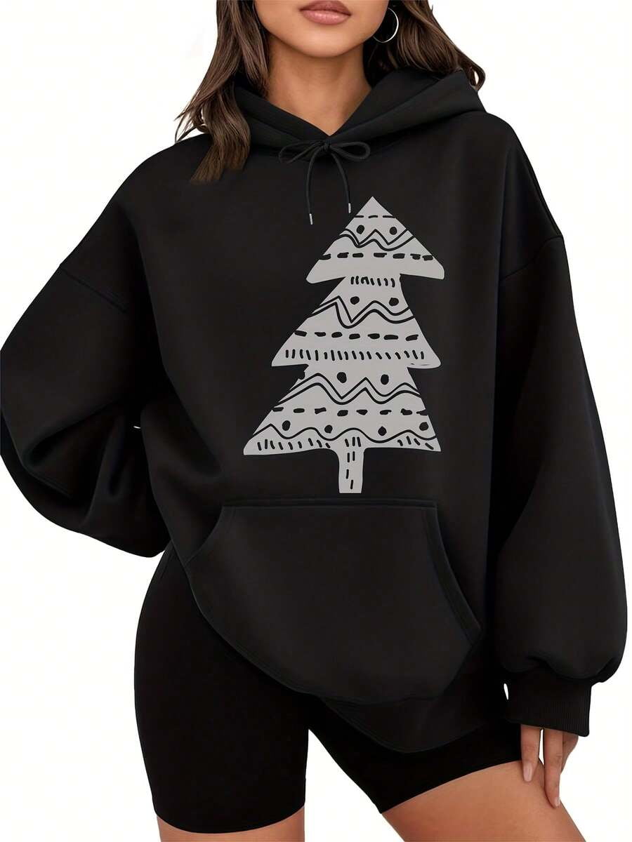 Christmas Tree Pattern Hoodie Women Oversized Black Sweatshirt Holiday ...