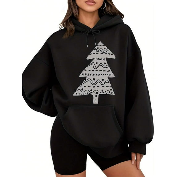 Christmas Tree Pattern Hoodie Women Oversized Black Sweatshirt Holiday ...