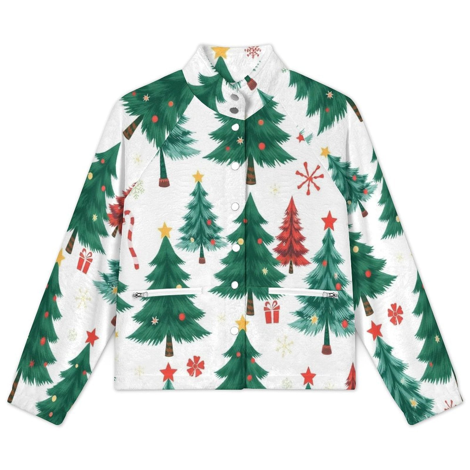 Christmas Tree Pattern Warm Women's Plush Jacket Stand Collar Full ...