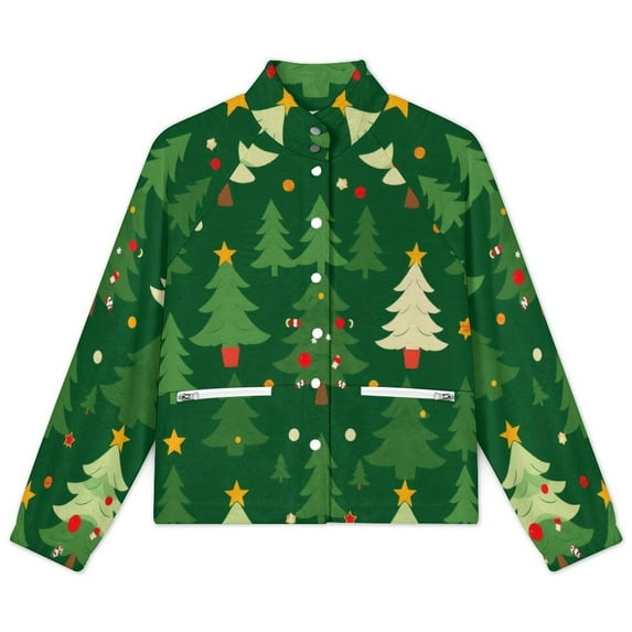 Christmas Tree Pattern Warm Women's Plush Jacket Stand Collar Full ...