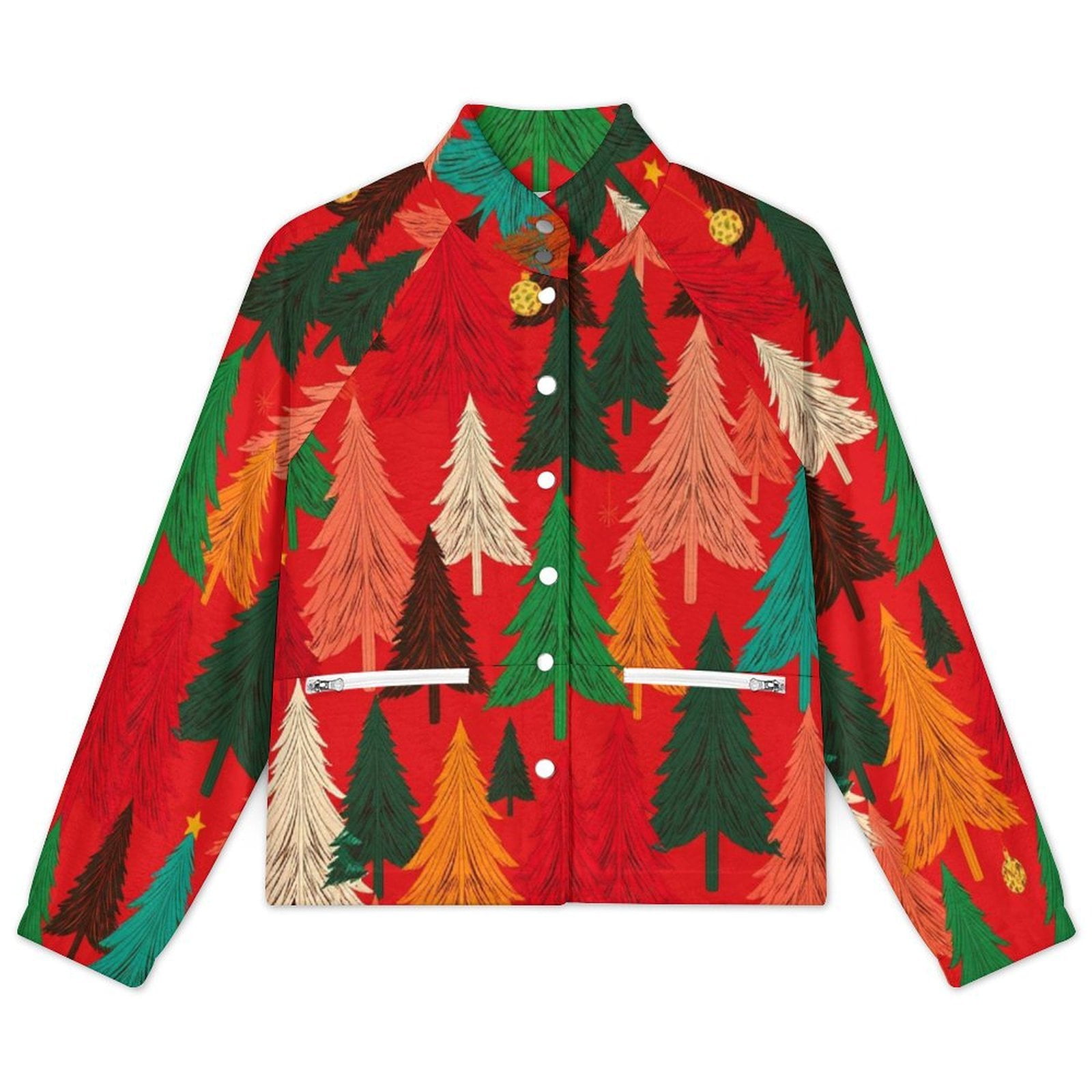Christmas Tree Pattern Warm Women's Plush Jacket Stand Collar Full ...