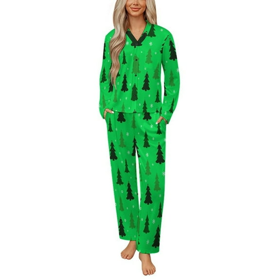 Christmas Tree Pattern on Green Womens Pyjamas Set Button Up Pyjamas ...