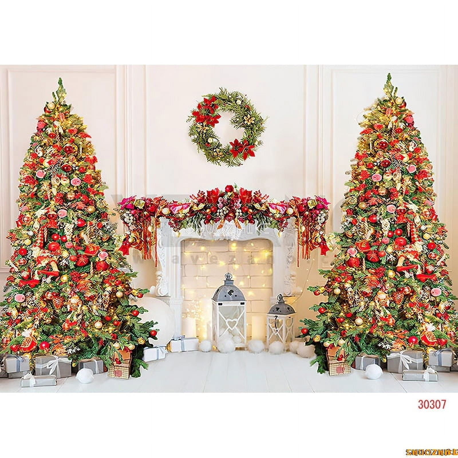 Christmas Tree Photography Backdrop Prop Wood Doors Snowman Cinema Pine ...
