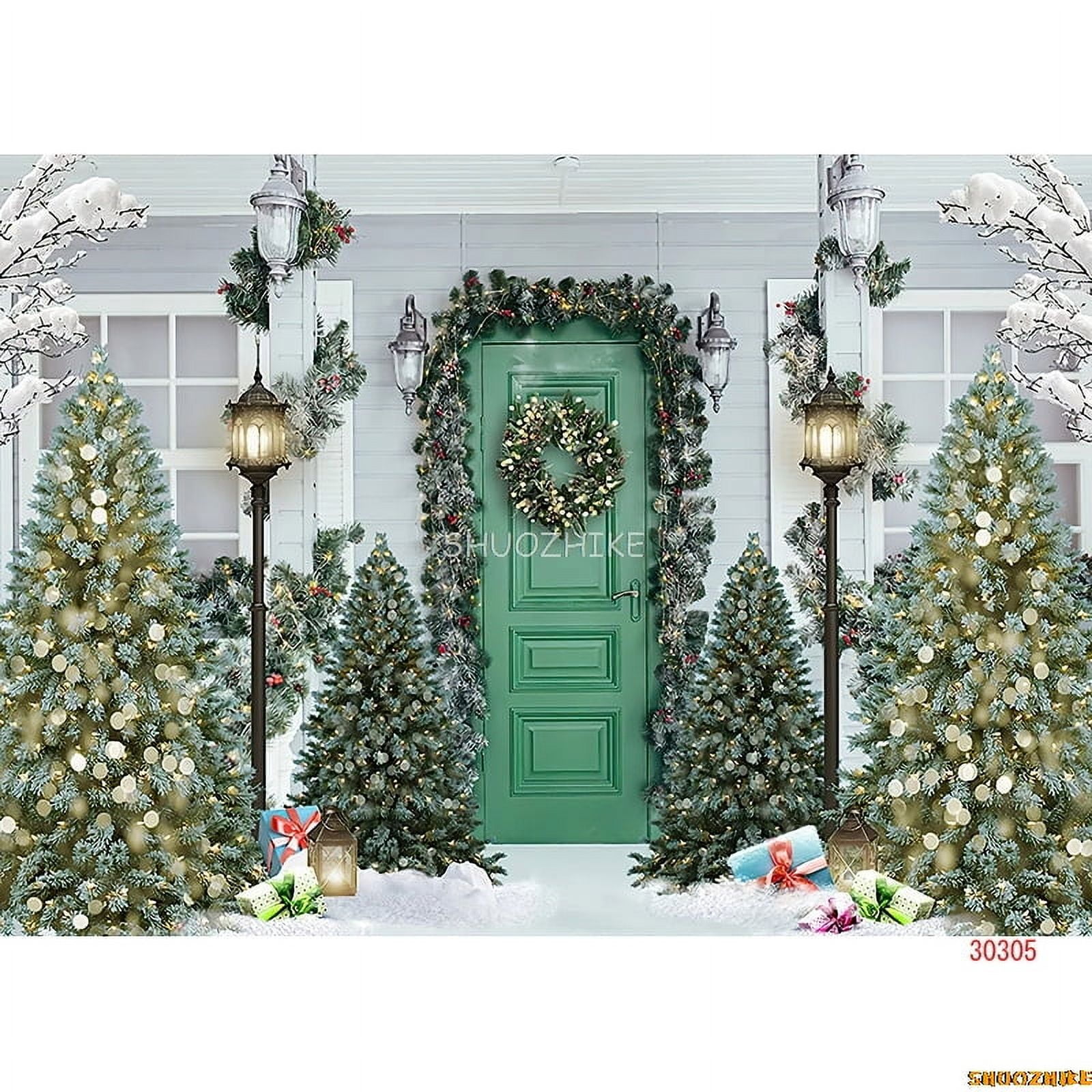 Christmas Tree Photography Backdrop Prop Wood Doors Snowman Cinema Pine ...