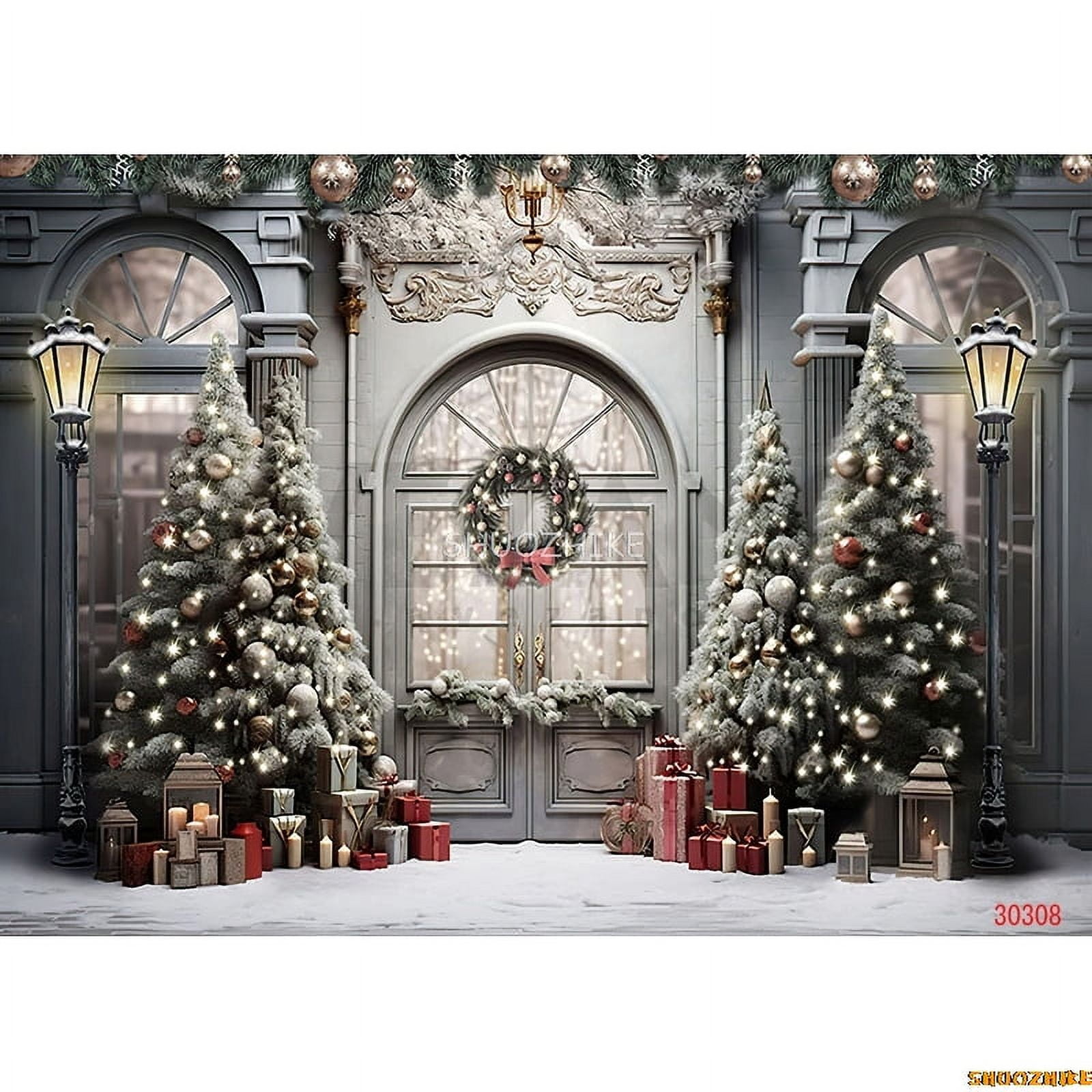 Christmas Tree Photography Backdrop Prop Wood Doors Snowman Cinema Pine ...