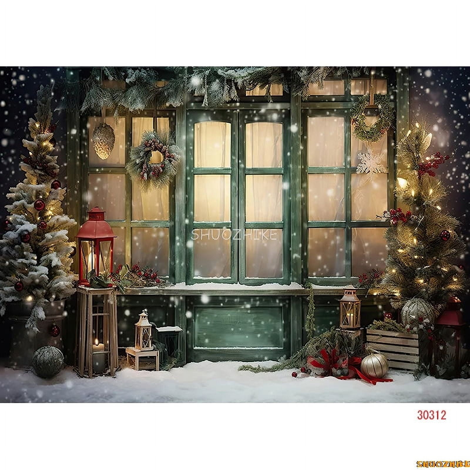 Christmas Tree Photography Backdrop Prop Wood Doors Snowman Cinema Pine ...