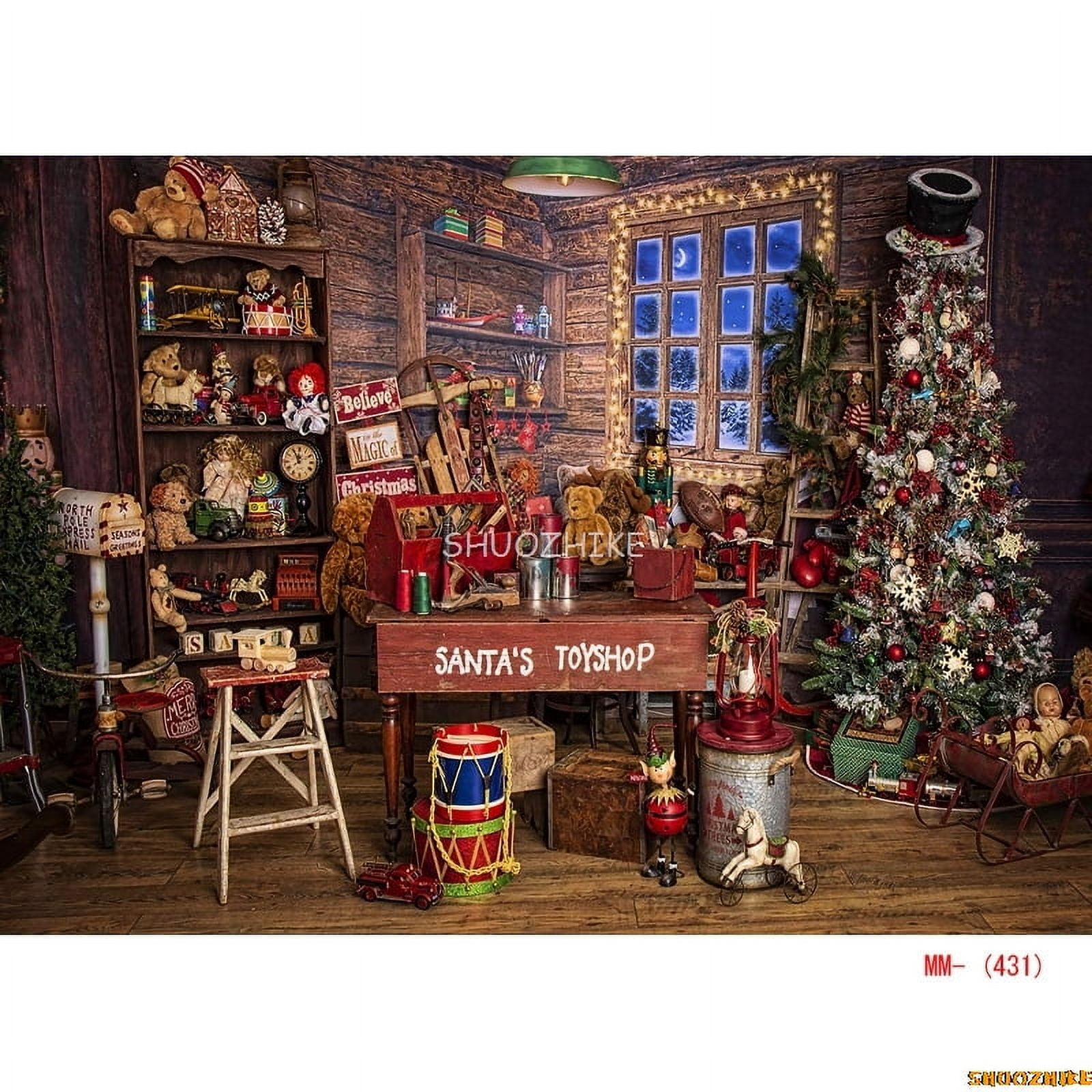Christmas Tree Photography Backdrop Prop Wood Doors Snowman Cinema Pine ...