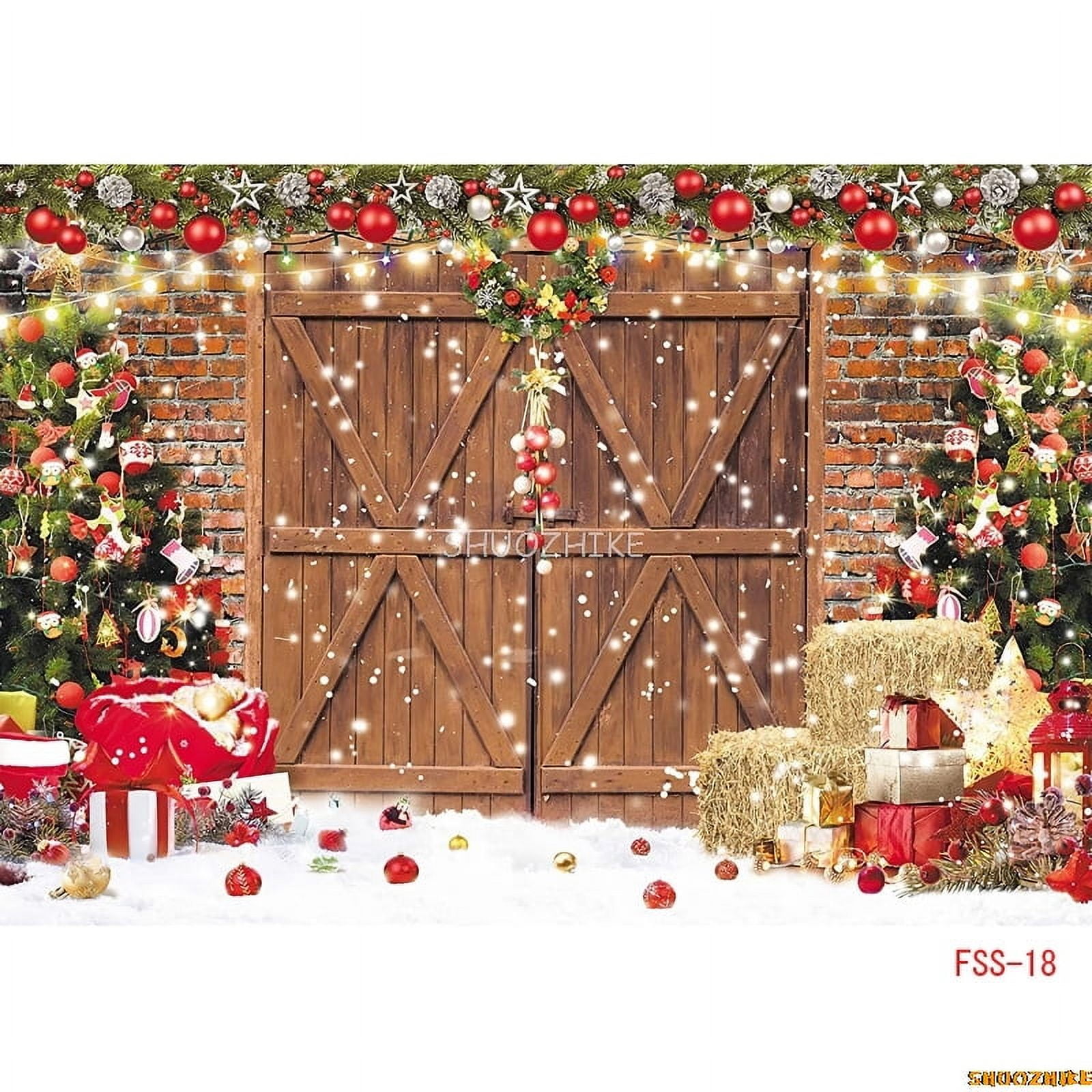 Christmas Tree Photography Backdrop Prop Wood Doors Snowman Cinema Pine ...