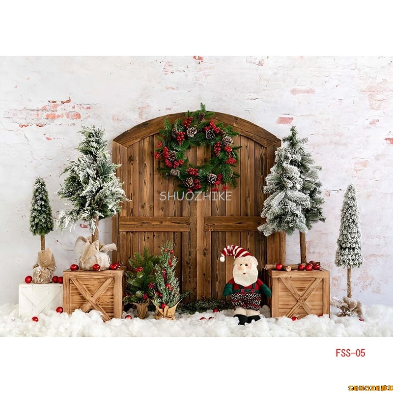 Christmas Tree Photography Backdrop Prop Wood Doors Snowman Cinema Pine ...