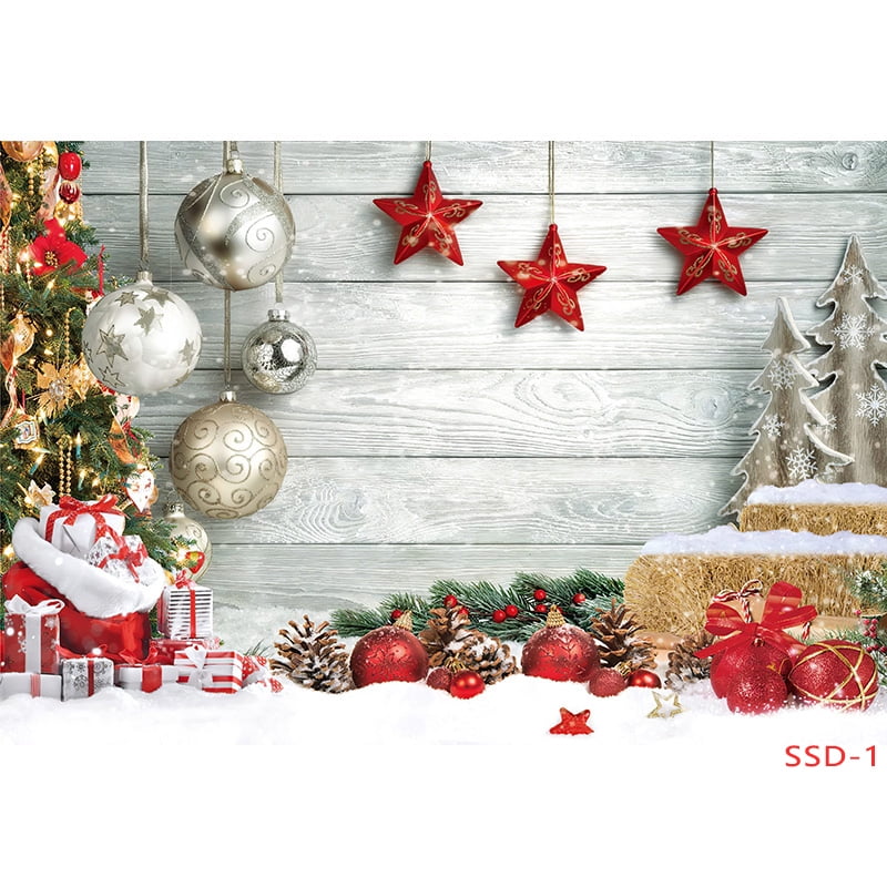 Christmas Tree Photography Backdrop Prop Wooden Doors Snowman Cinema ...