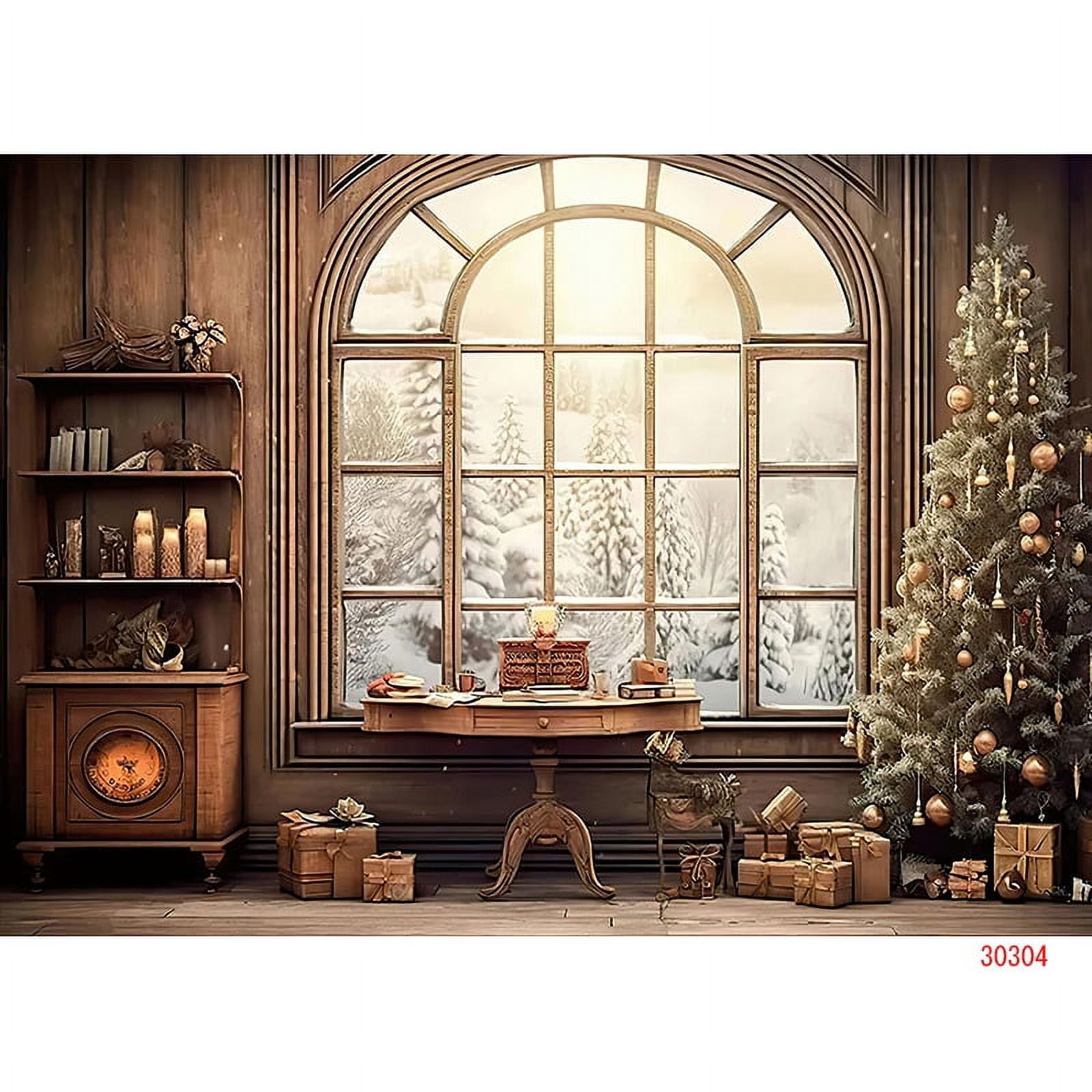 Christmas Tree Photography Backdrop Prop Wooden Doors Snowman Cinema ...