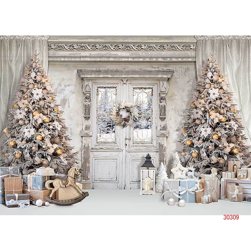 Christmas Tree Photography Backdrop Prop Wooden Doors Snowman Cinema ...