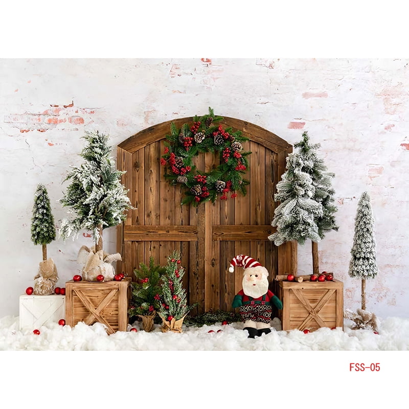 Christmas Tree Photography Backdrop Prop Wooden Doors Snowman Cinema ...
