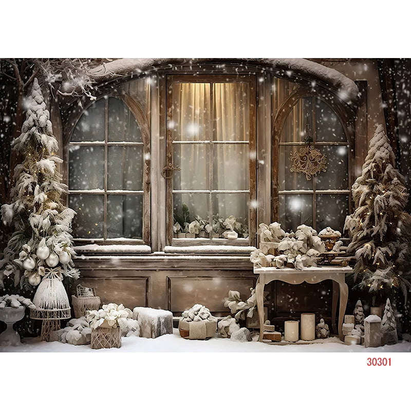 Christmas Tree Photography Backdrop Prop Wooden Doors Snowman Cinema ...