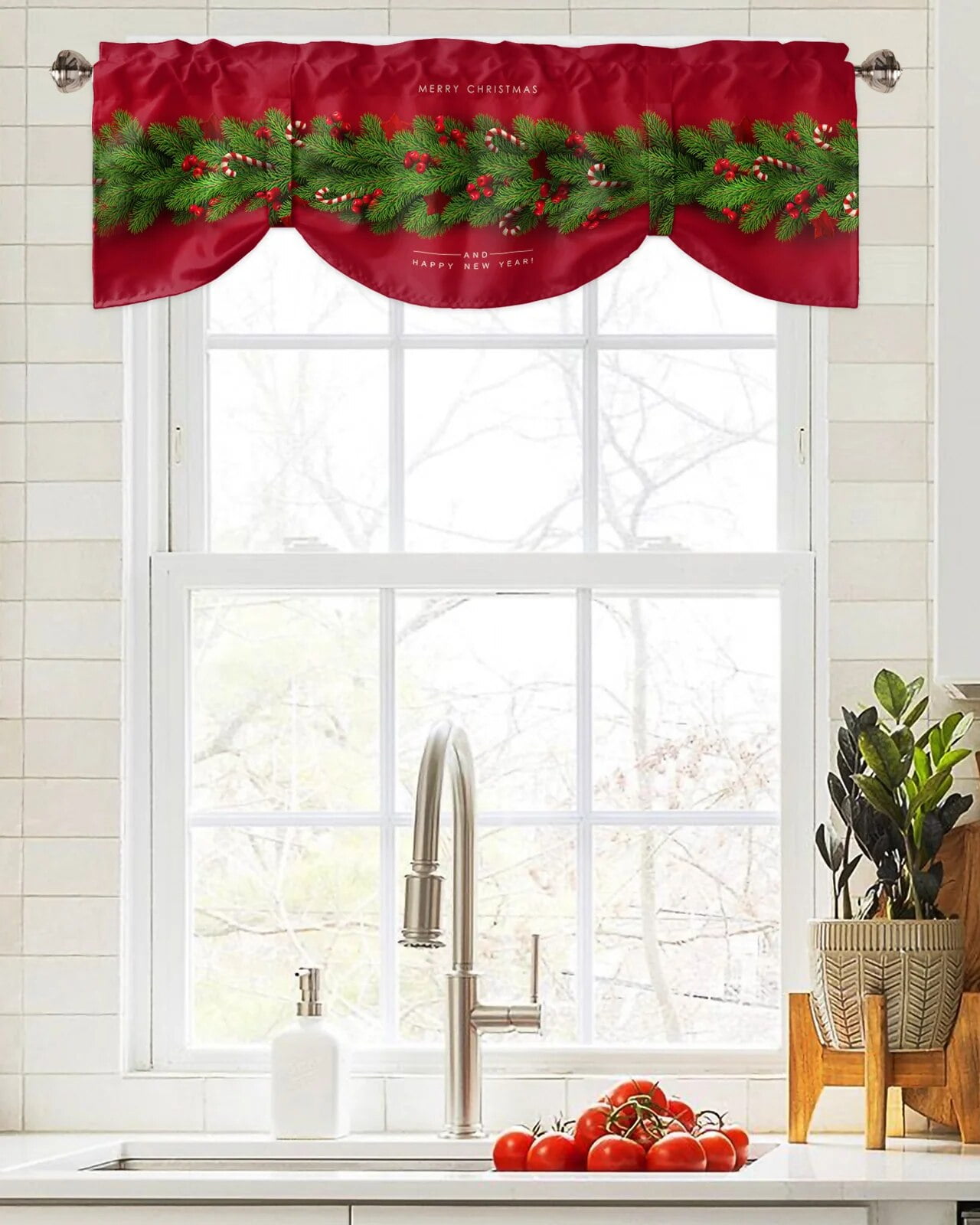 Christmas Tree Pine Needles Candy Bow Window Curtain Living Room ...