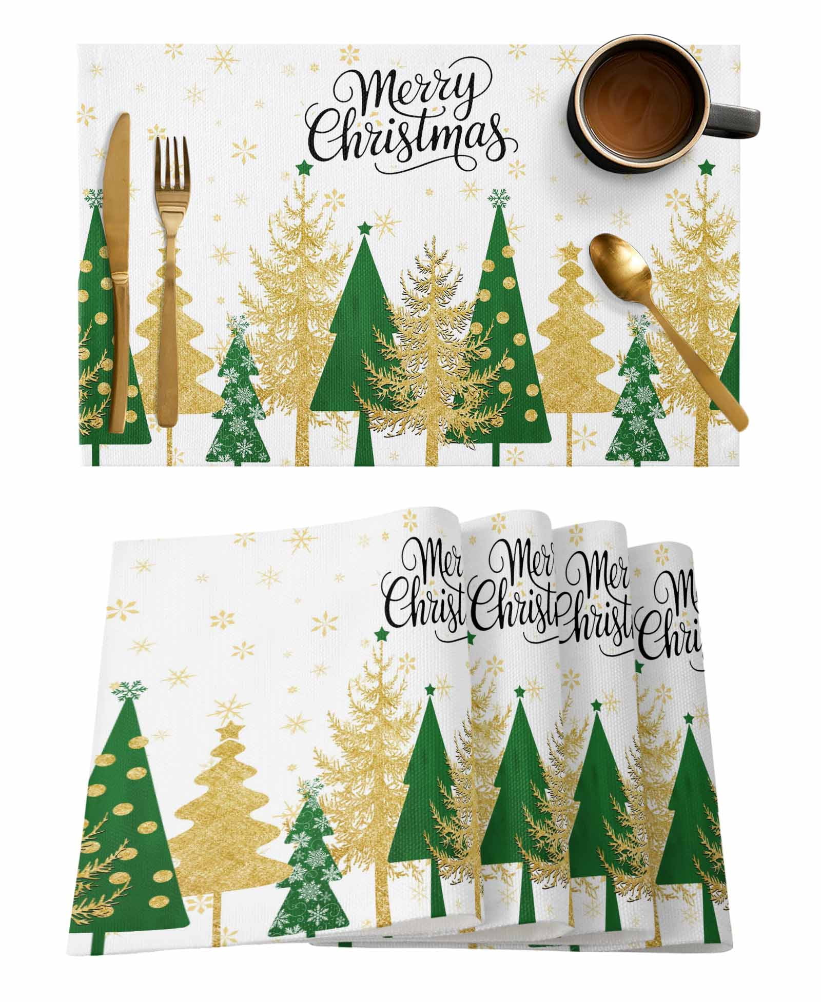 Christmas Tree Placemats Set of 12 Gold Green Tree Winter Snowflakes ...