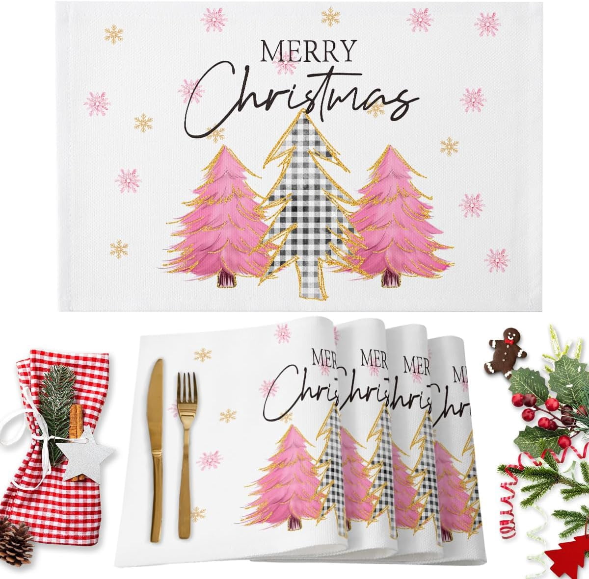 Christmas Tree Placemats Set of 4 Buffalo Plaid Pink Table Mats, Merry ...