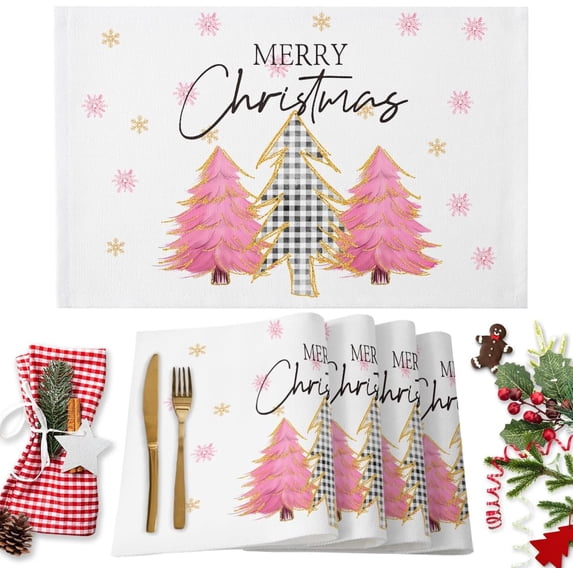 Christmas Tree Placemats Set of 4 Buffalo Plaid Pink Table Mats, Merry ...