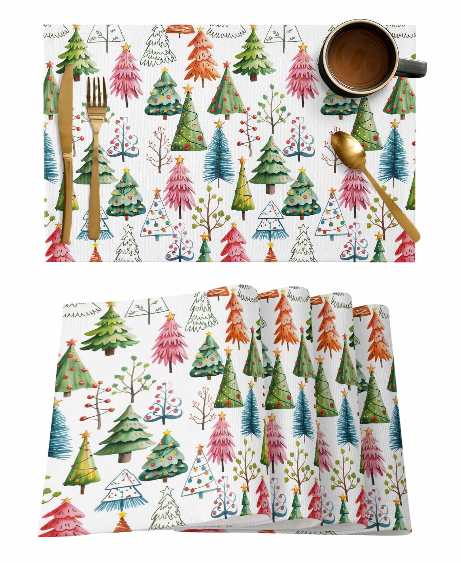 Christmas Tree Placemats Set of 6 Green Pink Blue Trees Winter Plant ...