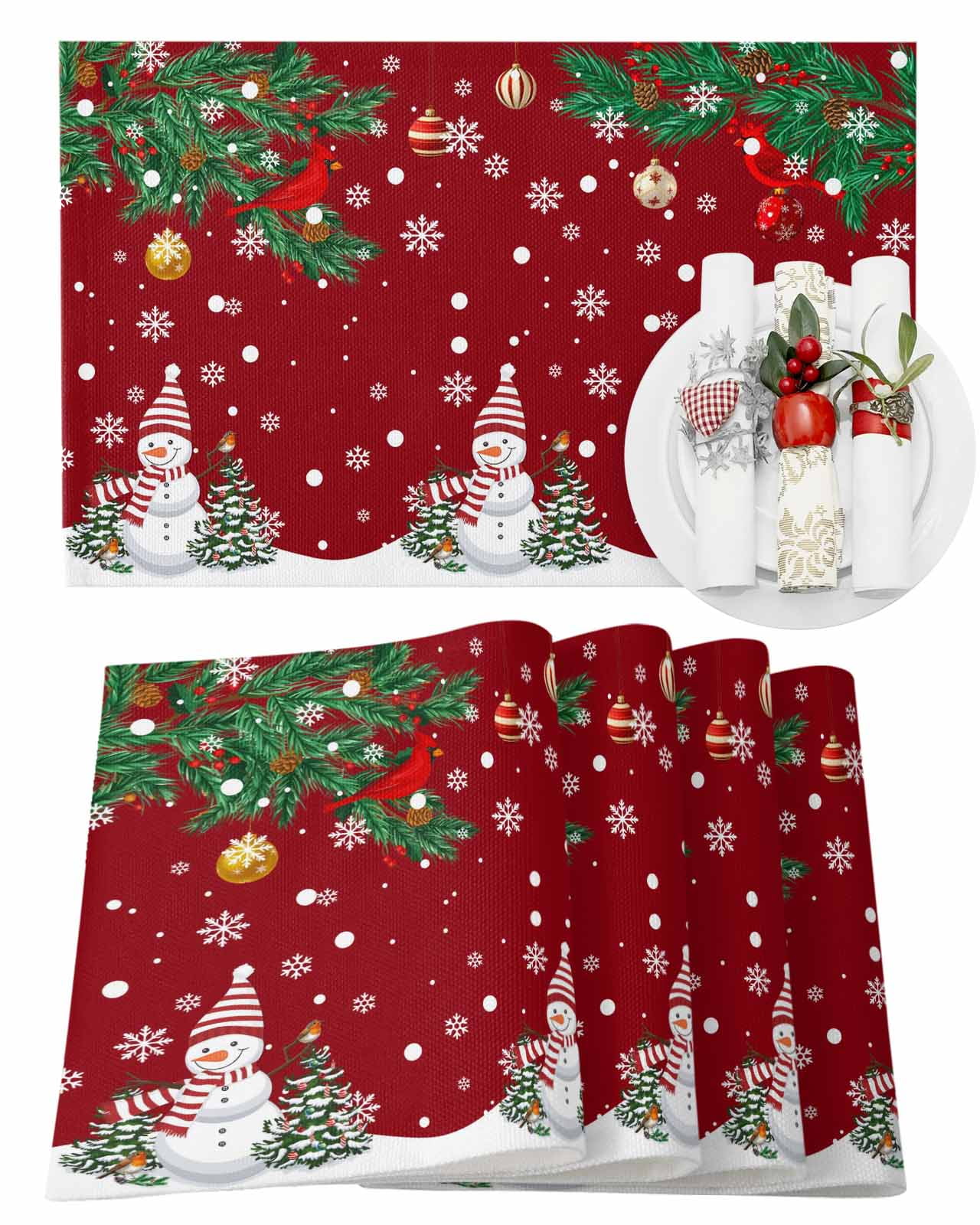 Christmas Tree Placemats Set of 8 Snowman Winter Snowflakes Red ...