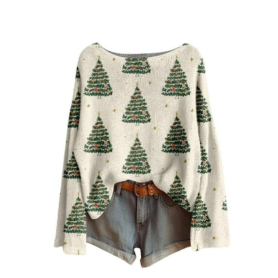 Christmas Tree Print Hollow Out Long Sleeve Knitted Shirts Xmas ...