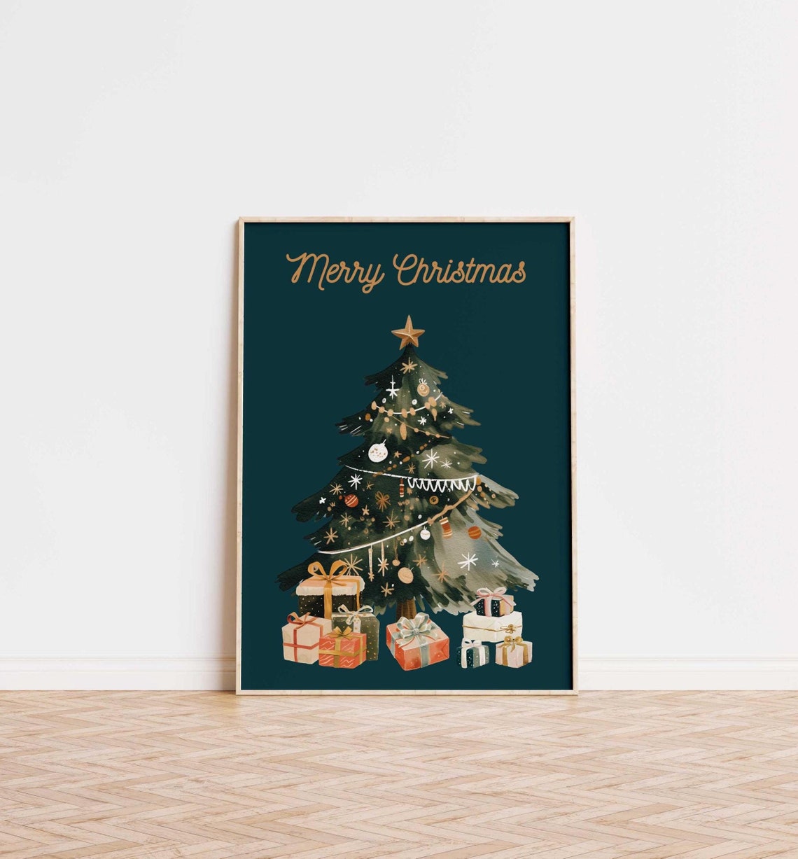 Christmas Tree Print, Merry Christmas Wall Art Dark Greyblue Christmas ...