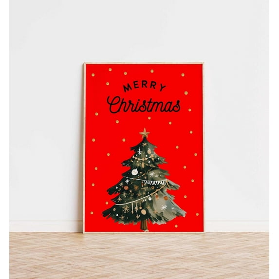 Christmas Tree Print Red, Merry Christmas Wall Art Red Christmas, Wall ...