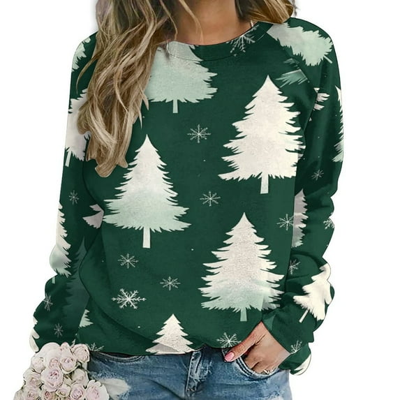 Christmas Tree Printing Fashion Round Neck Long Sleeve Printed Elegant ...