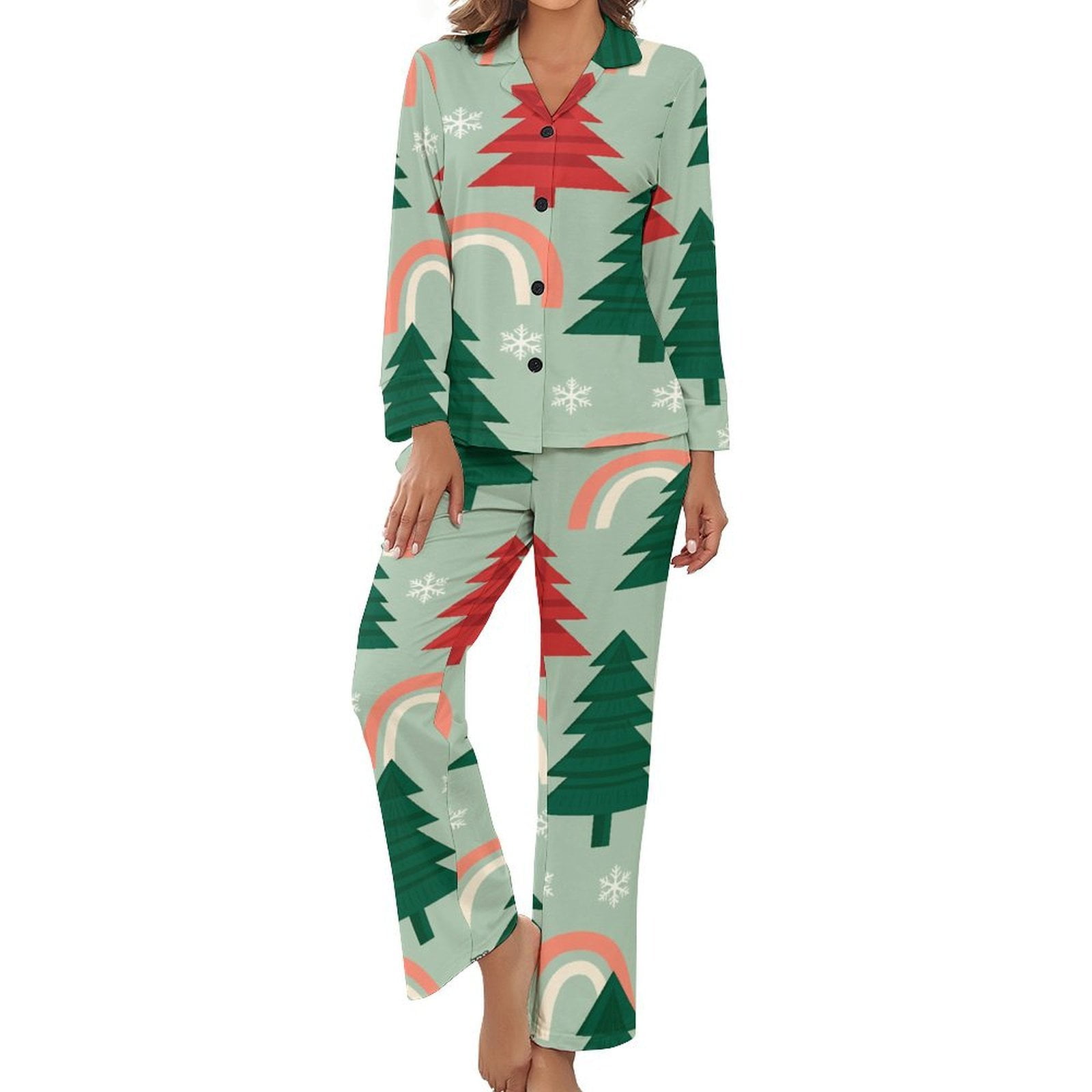 Christmas Tree Printing Printed Pajama Set for Couples, Women Men Long ...