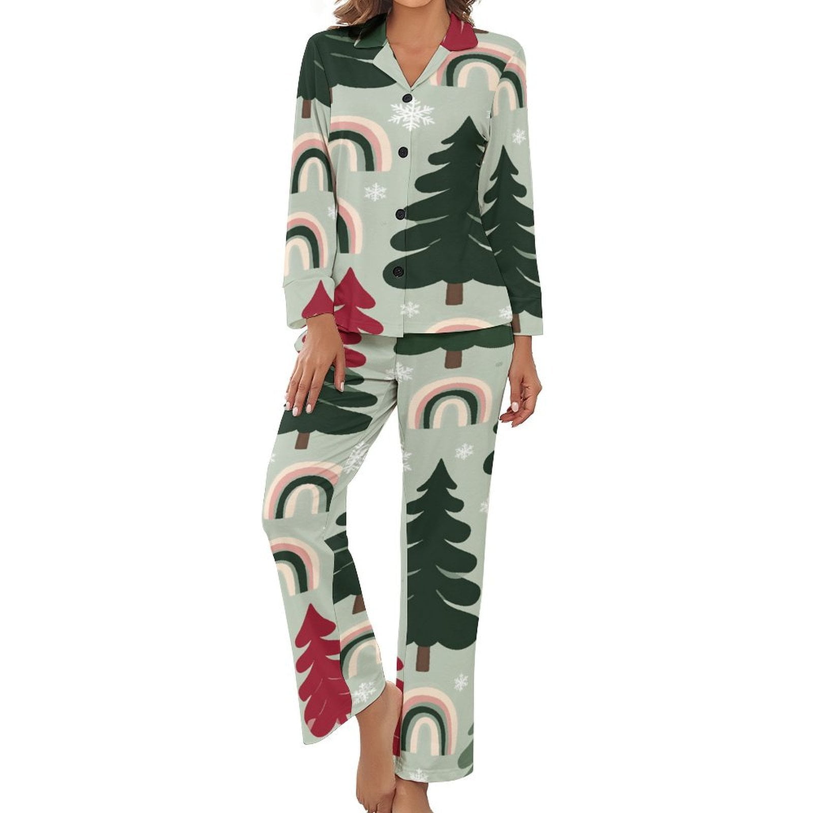 Christmas Tree Printing Printed Pajama Set for Couples, Women Men Long ...