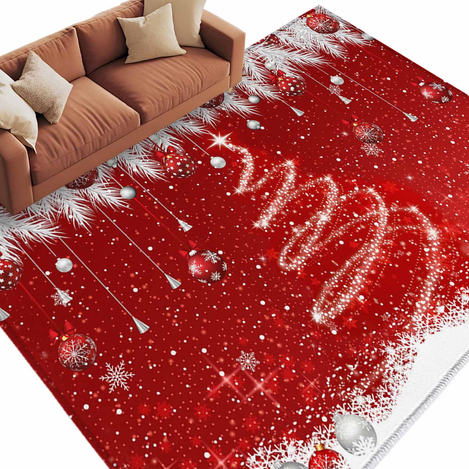 Christmas Tree Red Ball Area Rug 5x7ft White Pine Branch Winter ...
