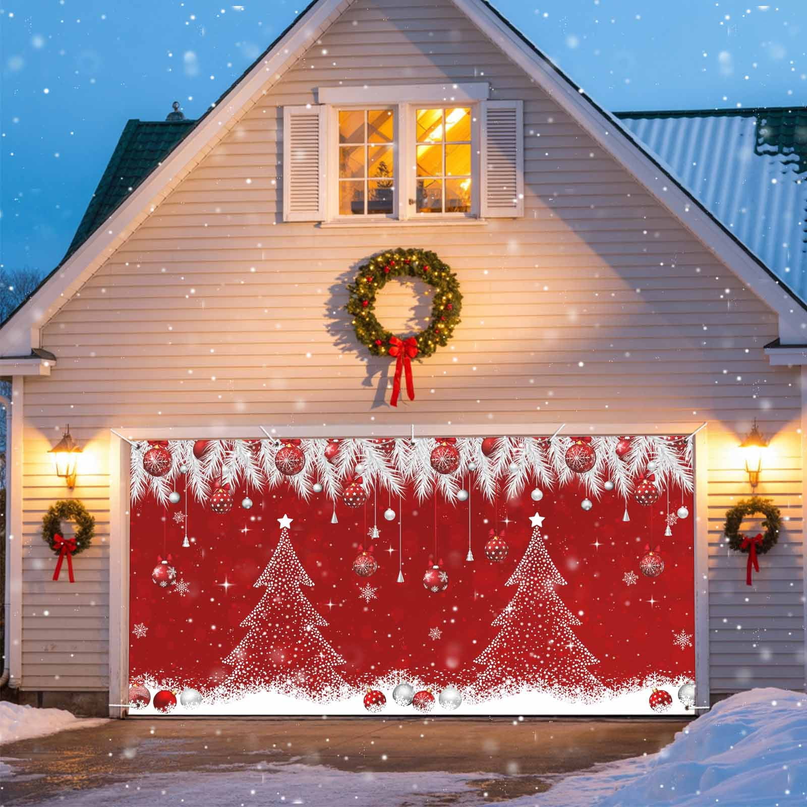 Christmas Tree Red Ball Garage Door Banner Covers, White Pine Branch ...