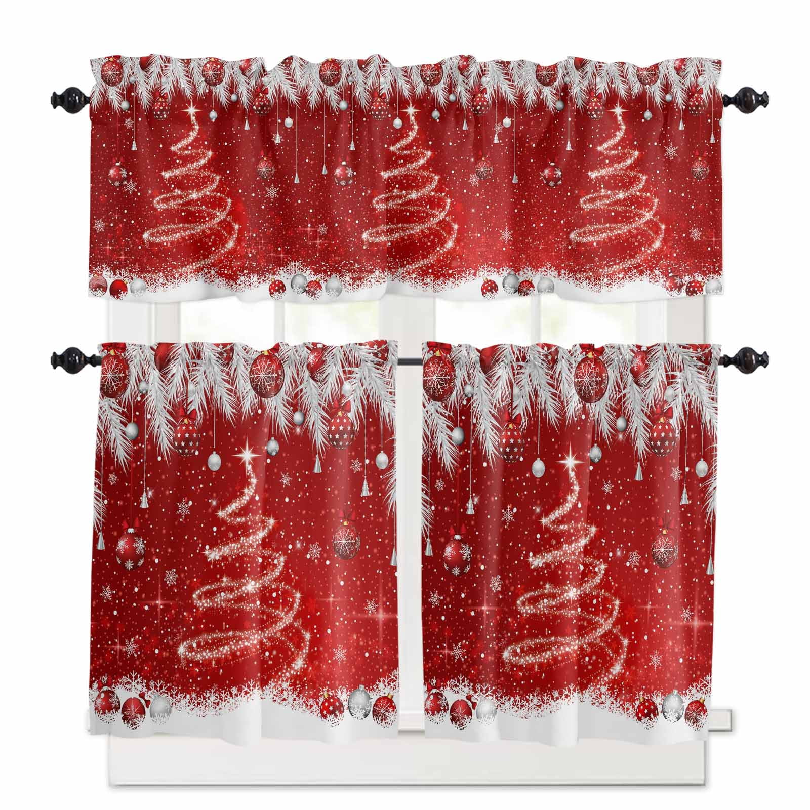 Christmas Tree Red Ball Kitchen Curtains Valances and Tiers Set of 3 ...